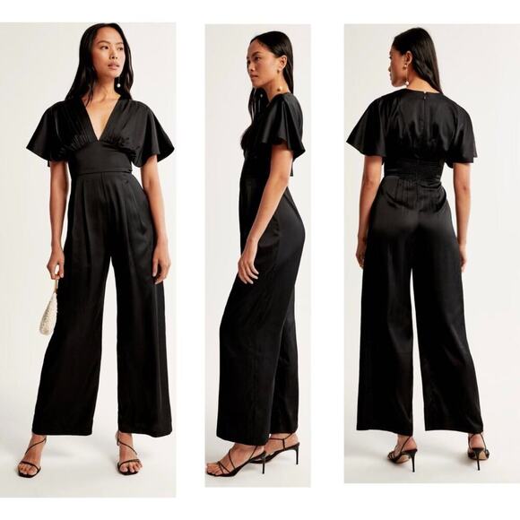 Abercrombie & Fitch Black Angel Sleeve Satin Shiny Jumpsuit Wide-Leg ...